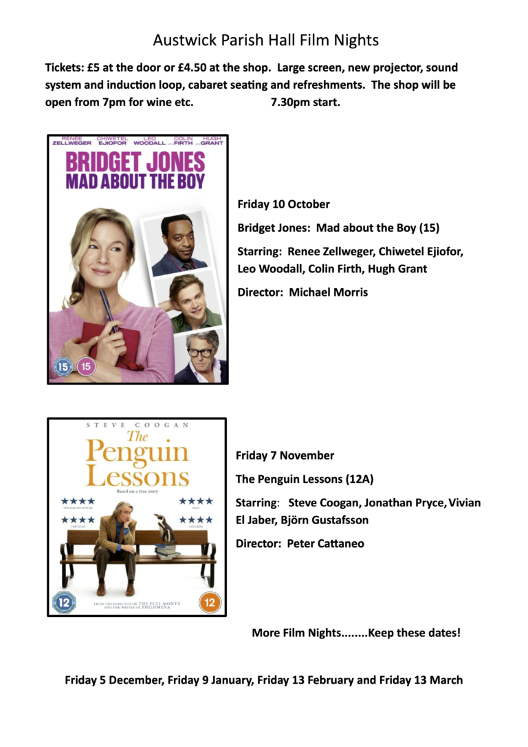 Film night poster Oct and November 2025 - AUSTWICK VILLAGE